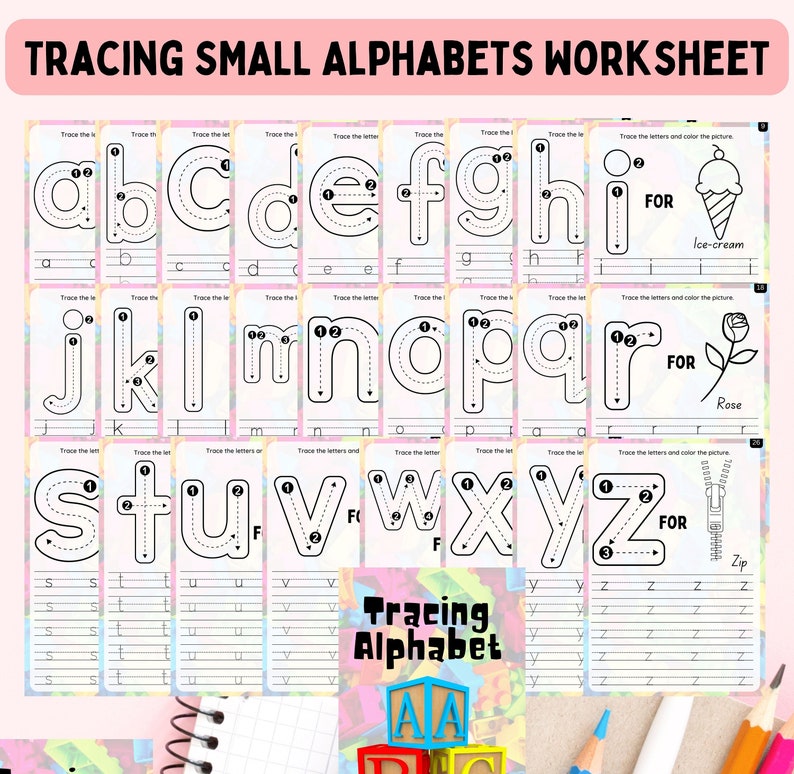 26 Alphabet Lowercase Worksheets, Preschool, Kindergarten, Learning ...
