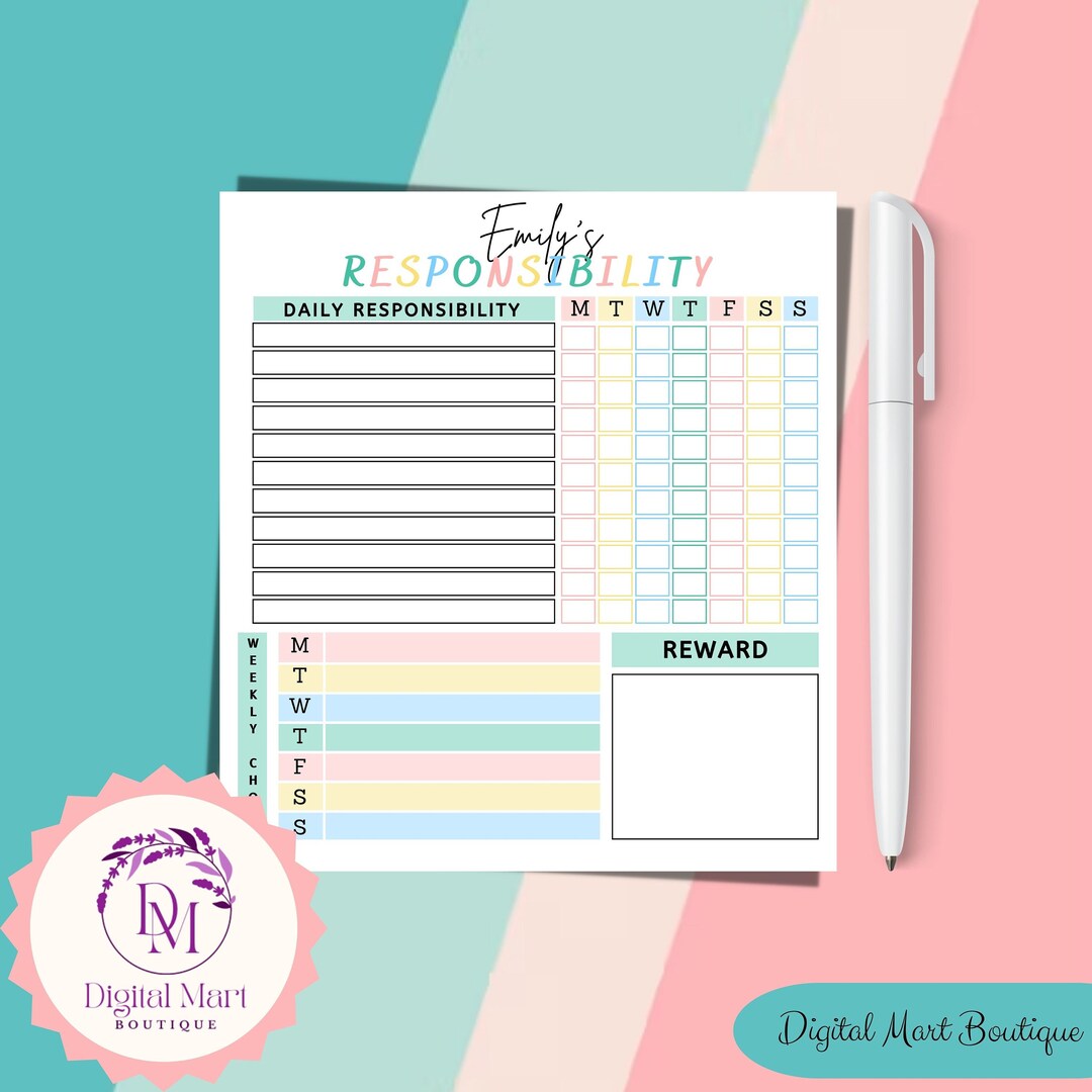 Responsibility Chore Chart for Kids Editable & Printable Daily Weekly ...