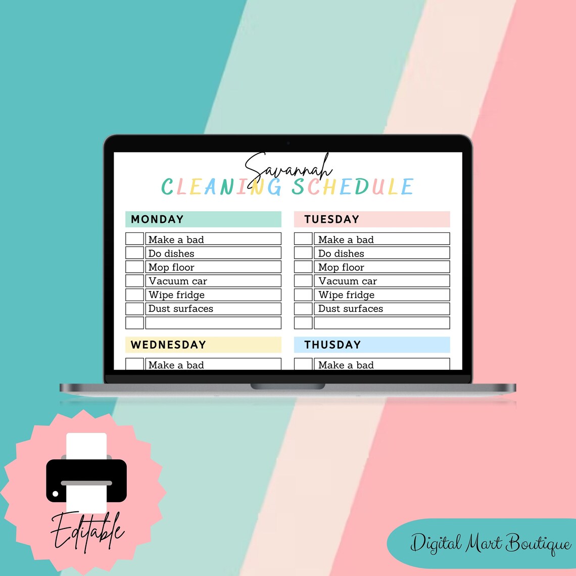 Cleaning Schedule Routine Chart Checklist Weekly Organizing Printable ...