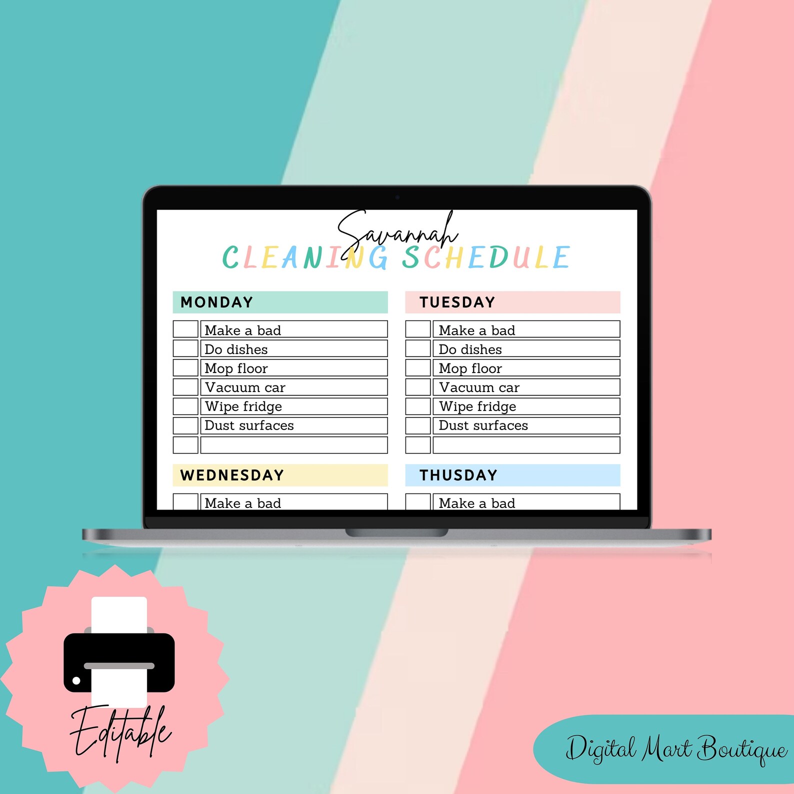 Cleaning Schedule Routine Chart Checklist Weekly Organizing Printable ...