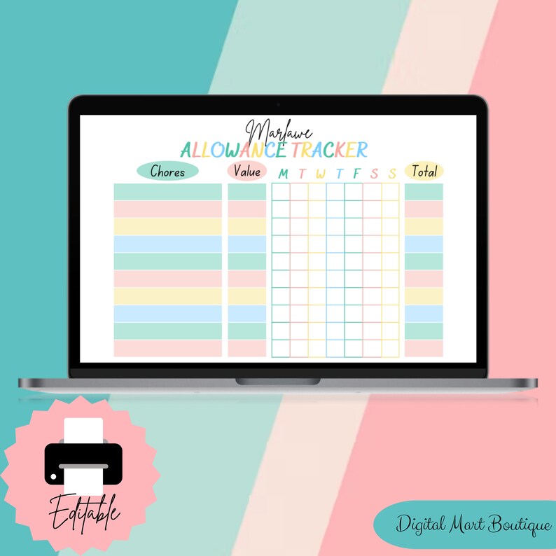 Editable Allowance Tracker for Kids Earn Money Chart Daily - Etsy