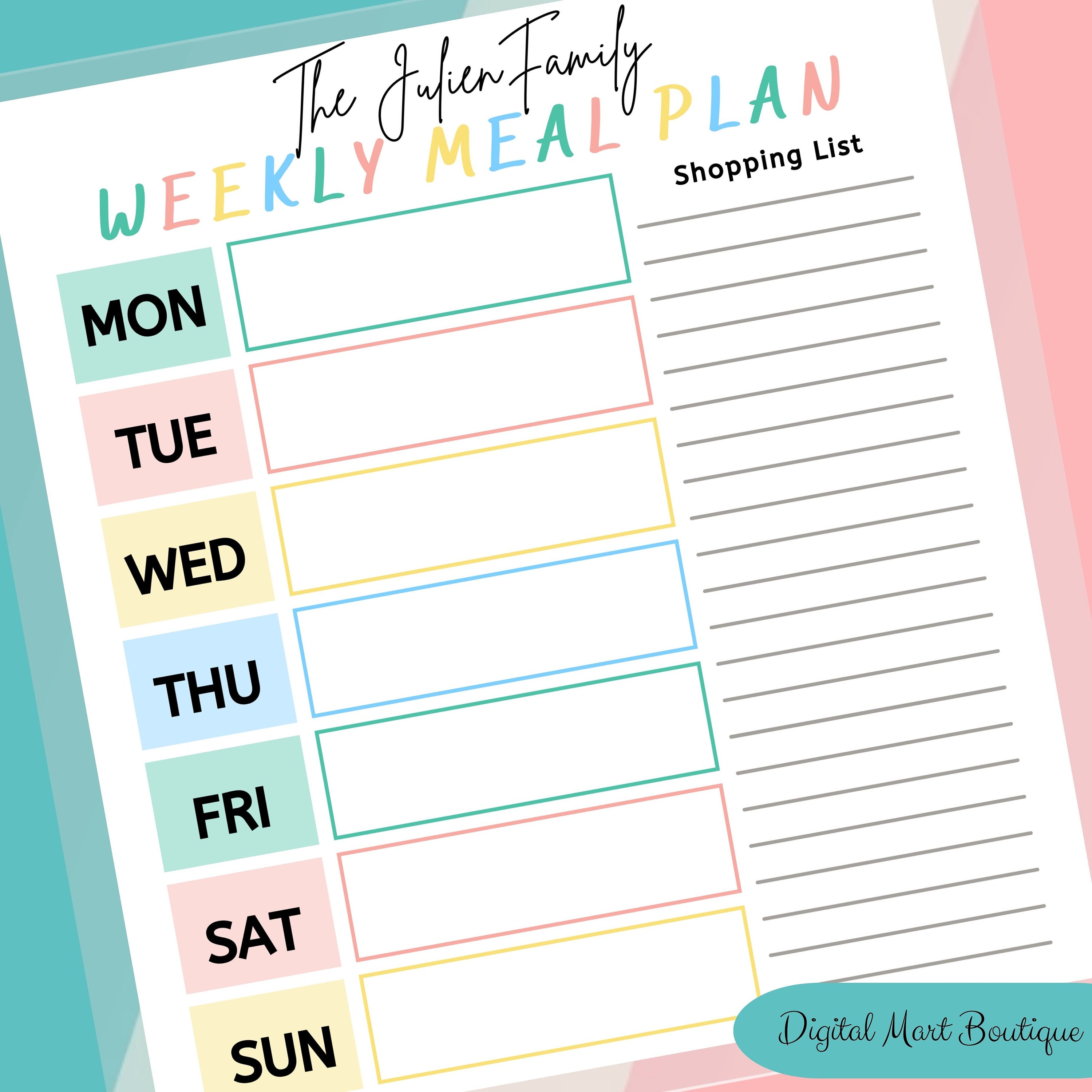 Weekly Meal Planner Family Meals With Grocery List Editable Printable ...