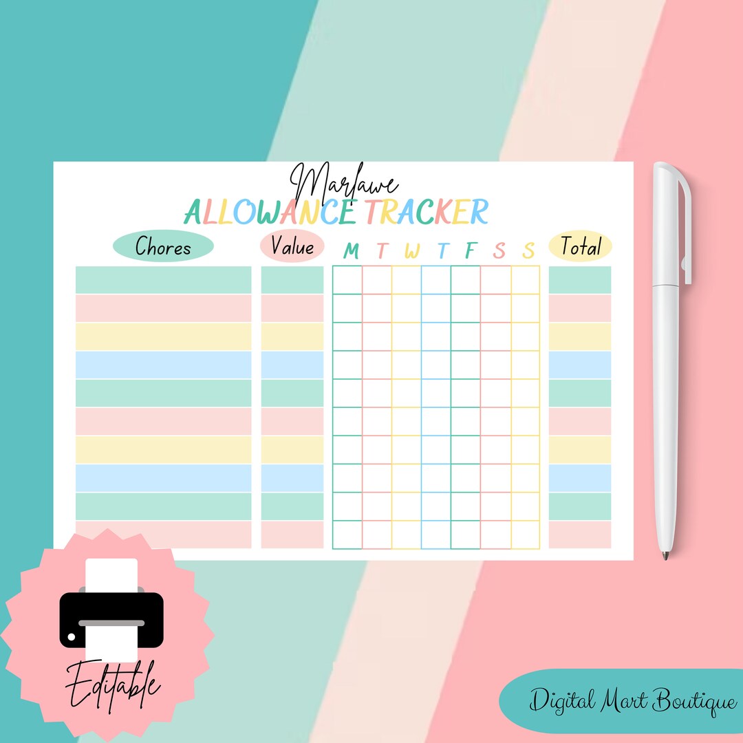 Editable Allowance Tracker for Kids Earn Money Chart Daily Weekly ...