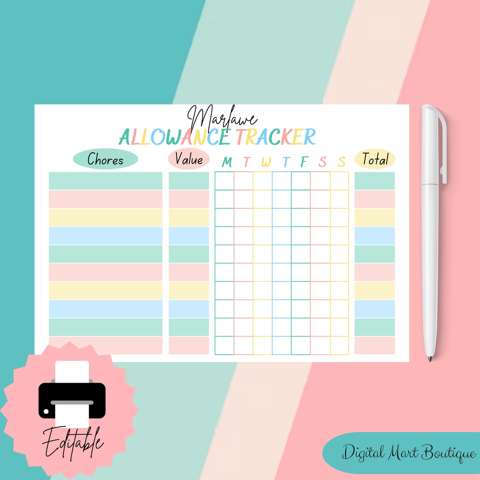 Editable Allowance Tracker for Kids Earn Money Chart Daily Weekly ...