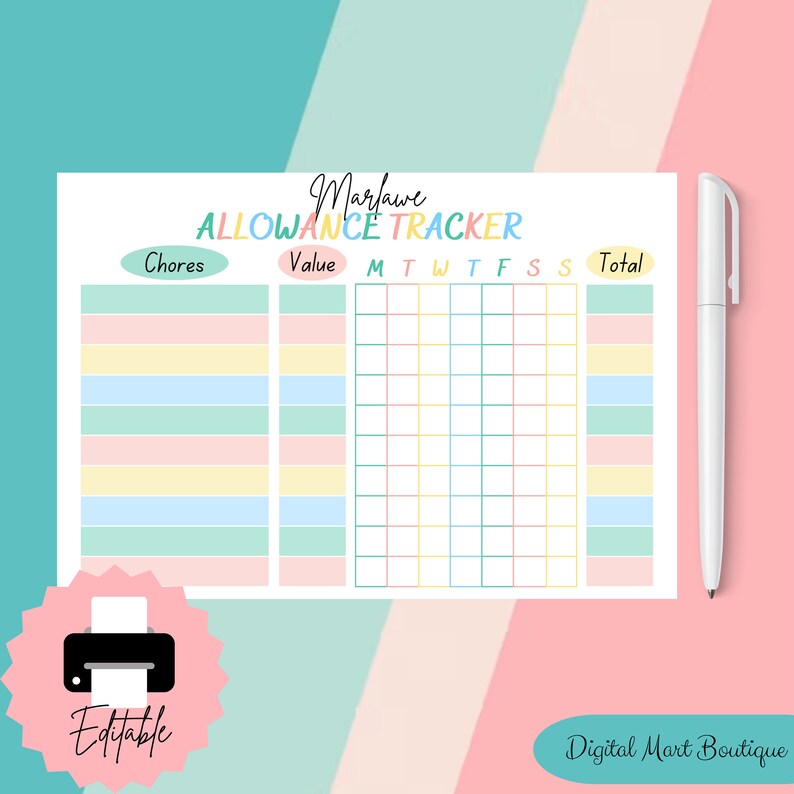 Editable Allowance Tracker for Kids Earn Money Chart Daily Weekly ...