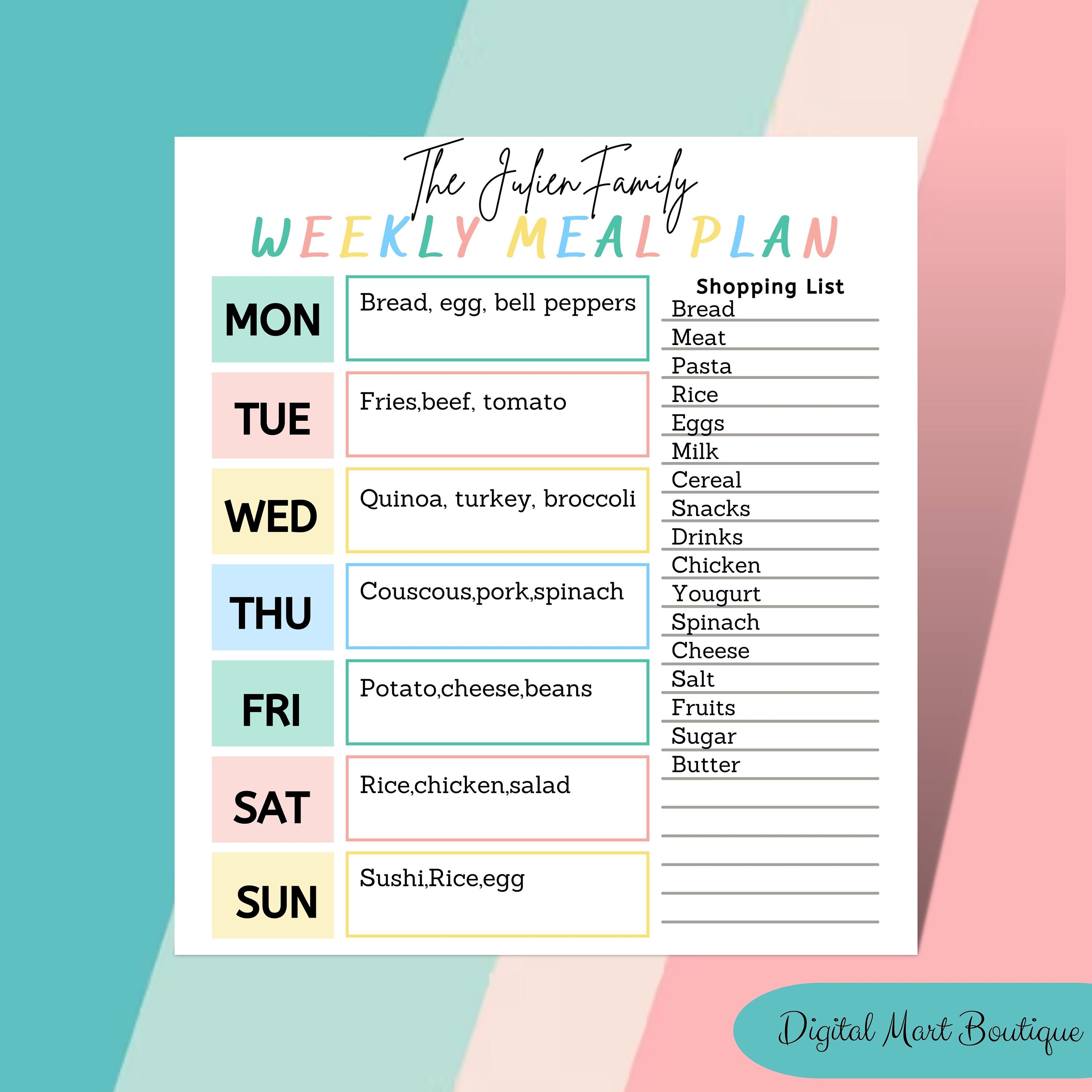 Weekly Meal Planner Family Meals With Grocery List Editable Printable ...