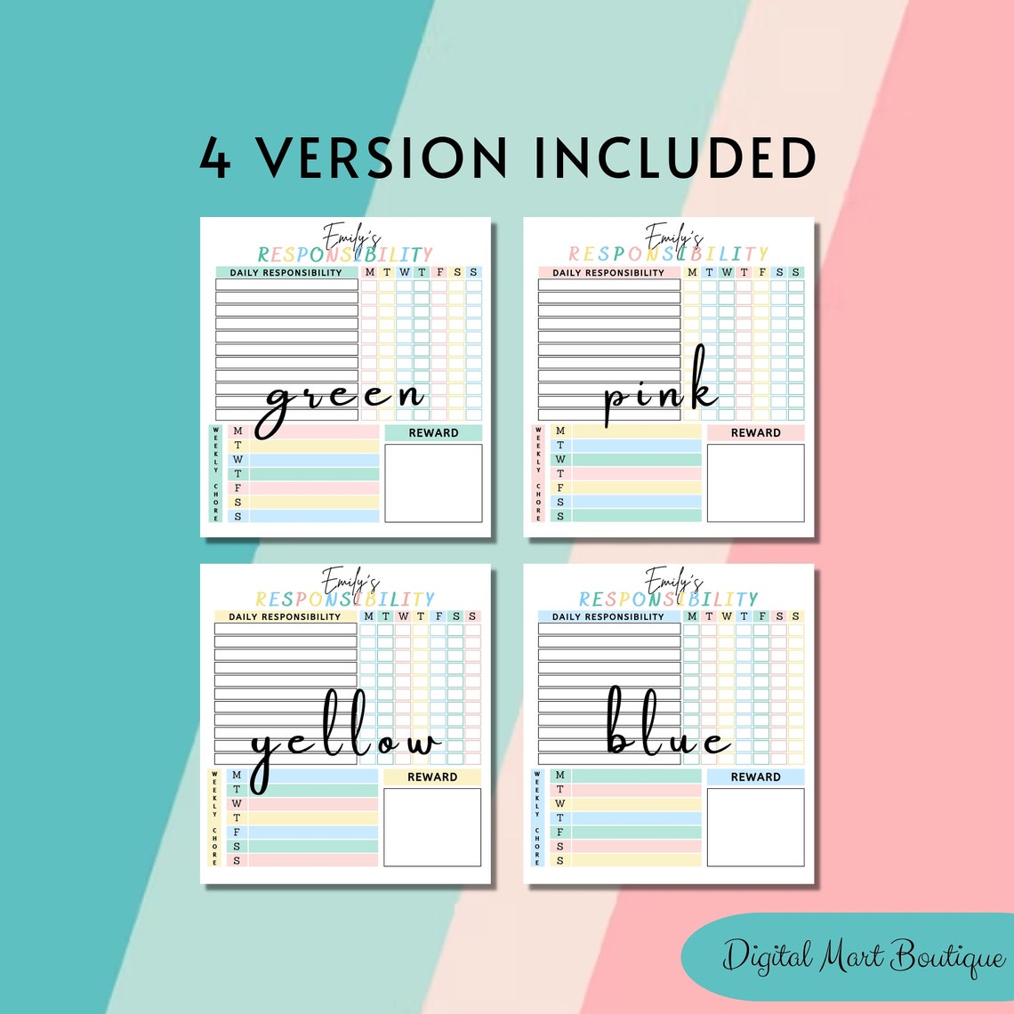 Responsibility Chore Chart for Kids Editable & Printable Daily Weekly ...