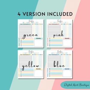 Responsibility Chore Chart for Kids Editable & Printable Daily Weekly ...