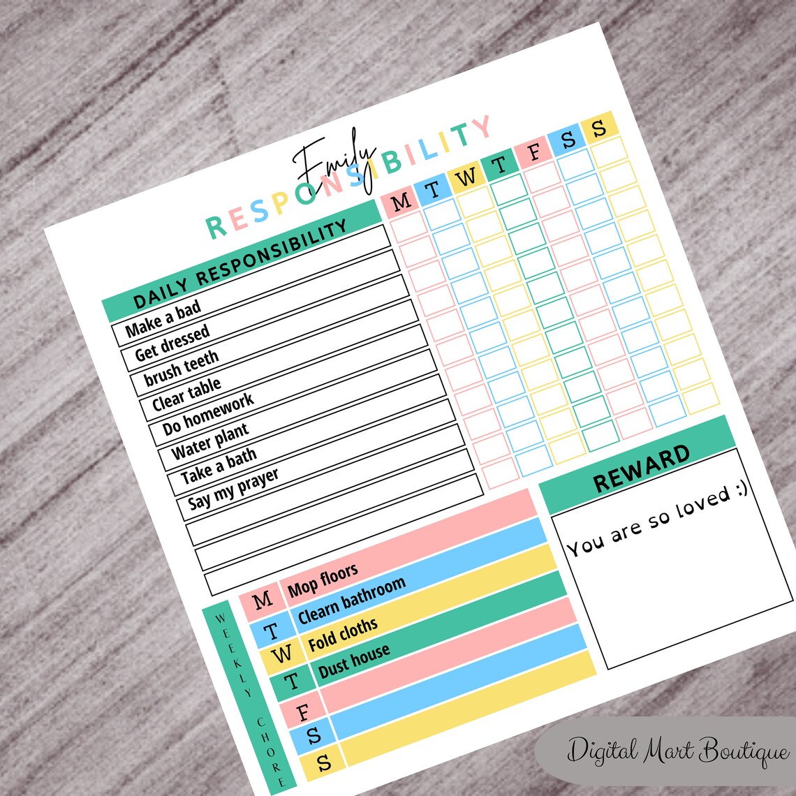 Responsibility Chore Chart for Kids Editable & Printable Daily - Etsy