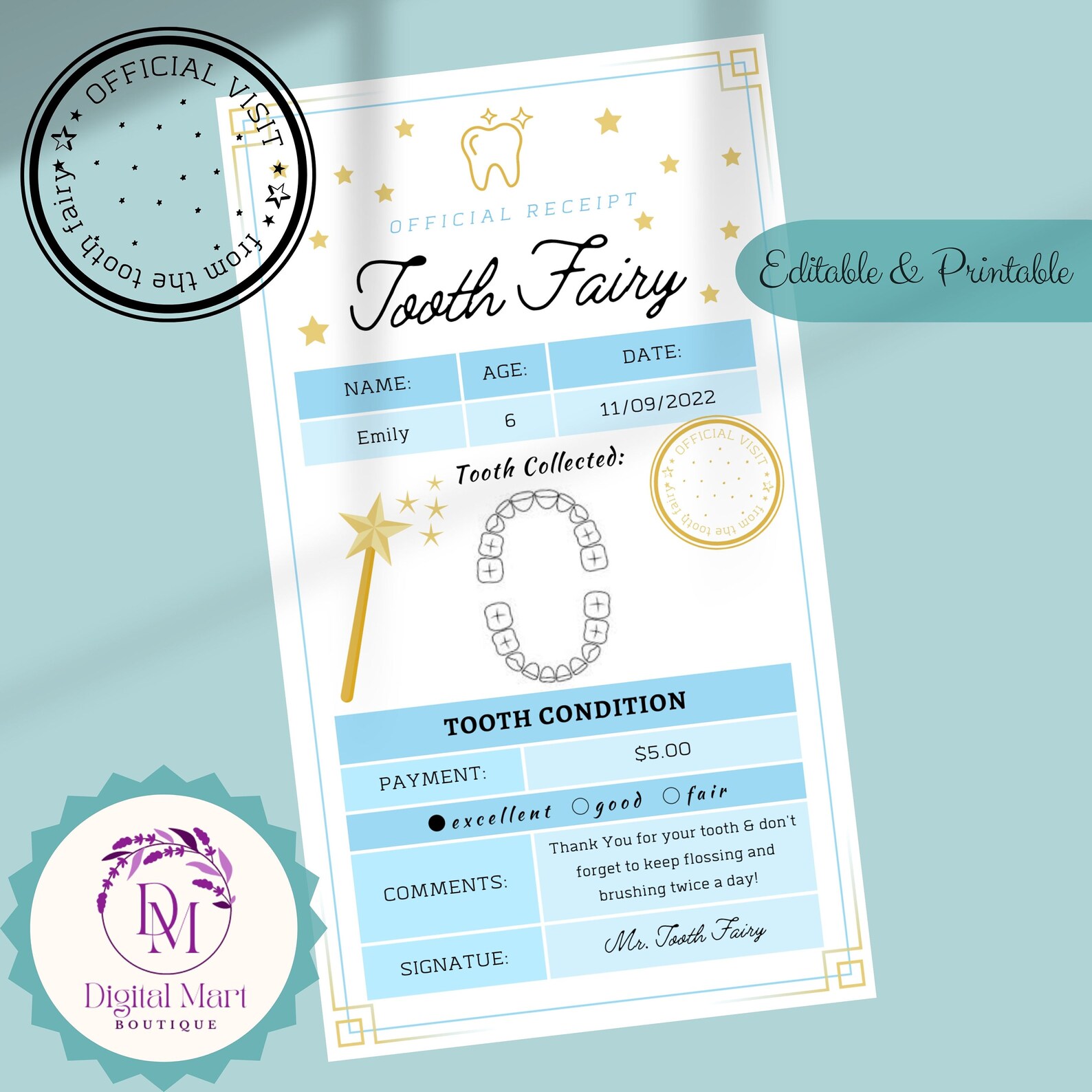 Editable Tooth Fairy Receipt Printable Certificate | First Tooth Lost ...