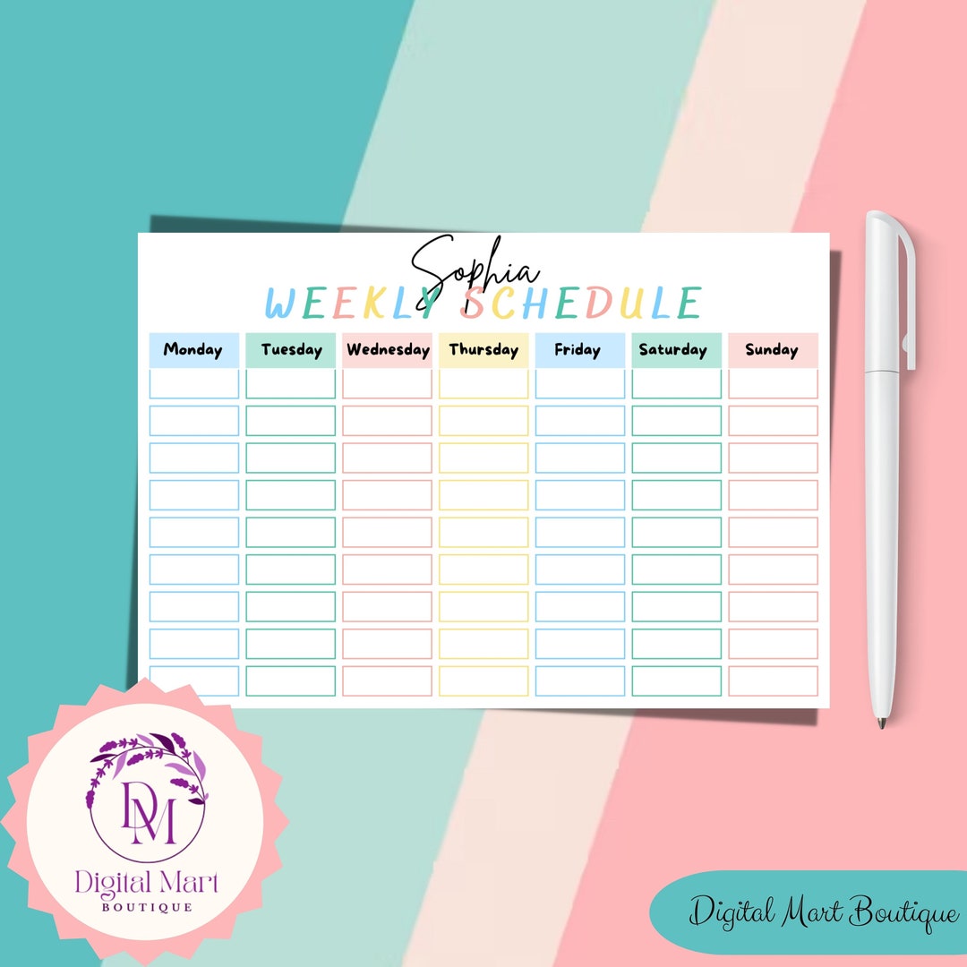 Weekly Schedule Planner for Kids Custom Weekly Plan Calendar Printable ...