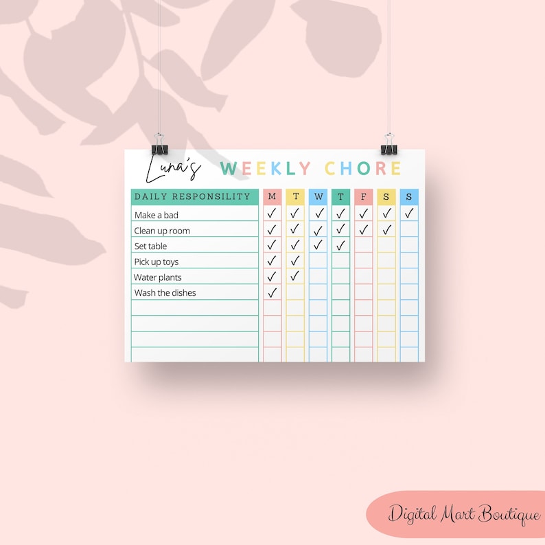 Weekly Daily Chore Chart for Kids Responsibility Chart Home School My ...