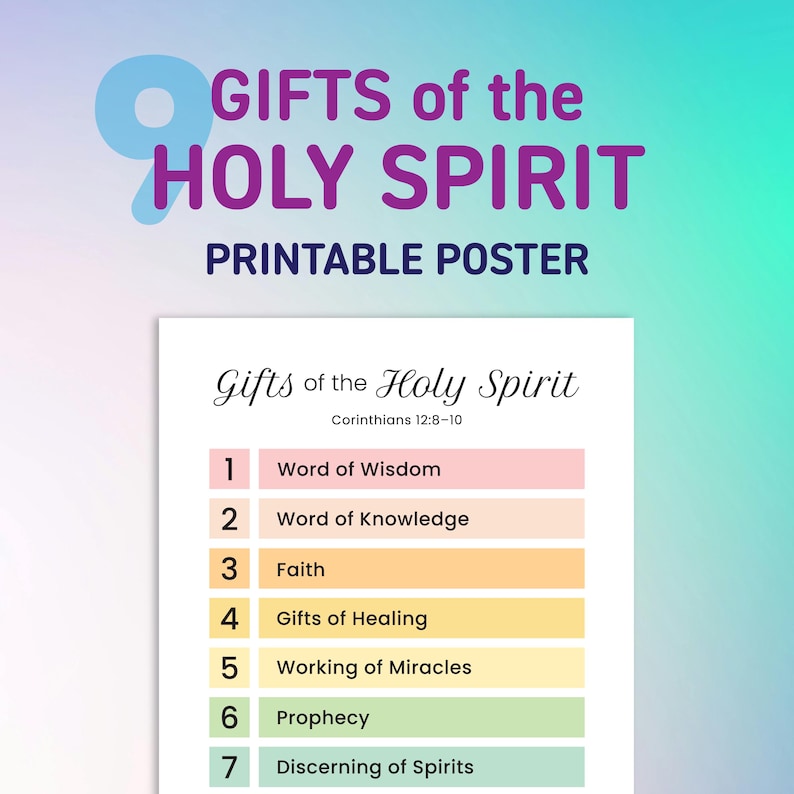 9 Gifts of the Holy Spirit Poster | Christian Printable | Pastel Colors ...