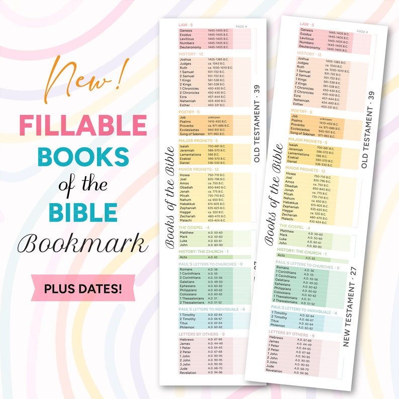 Books of the Bible: FILLABLE Bookmark | Page Numbers PLUS DATES ...