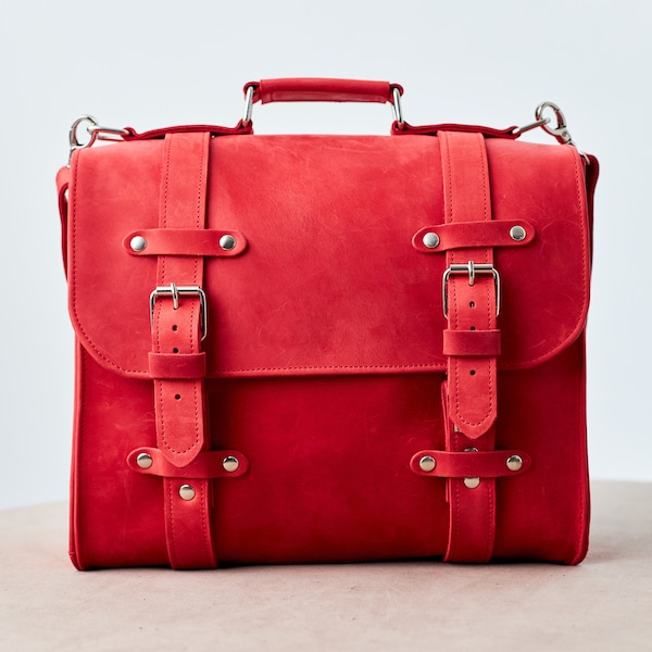 Red Leather Satchel - Etsy