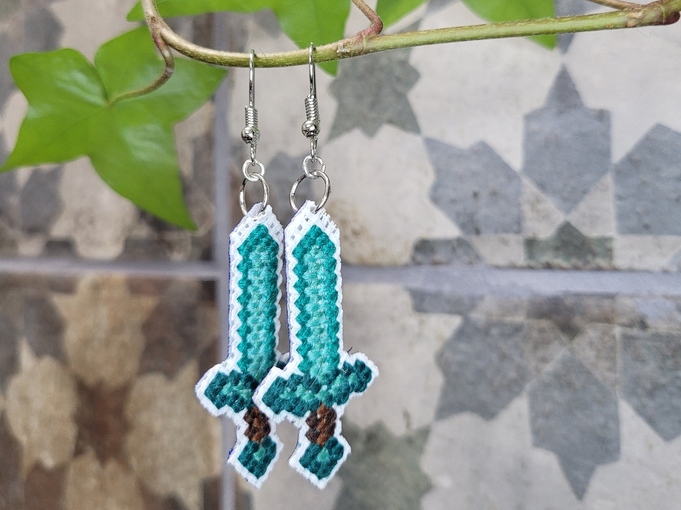 Miinecraft Diamond Sword Cross Stitch Earrings - Etsy