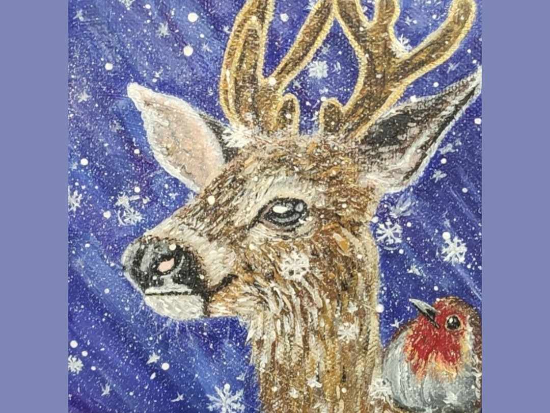 Deer and Robin Small Canvas, Winter Joy, Original Acrylic Deer and ...