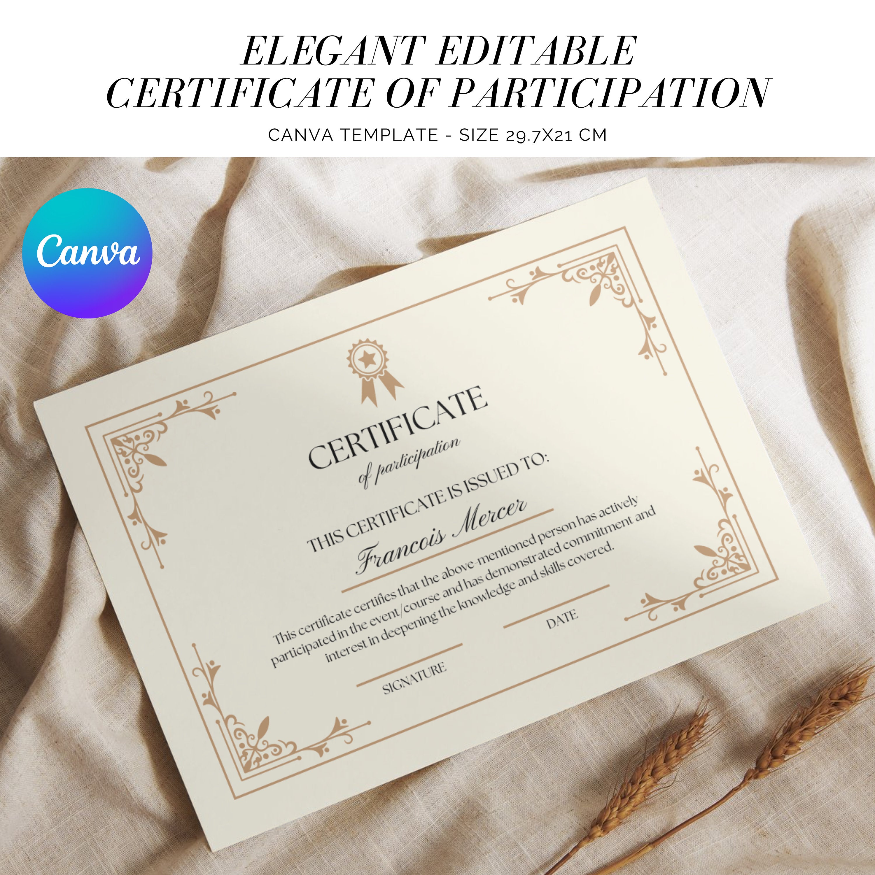 Elegant Editable Certificate of Participation Canva Template ...