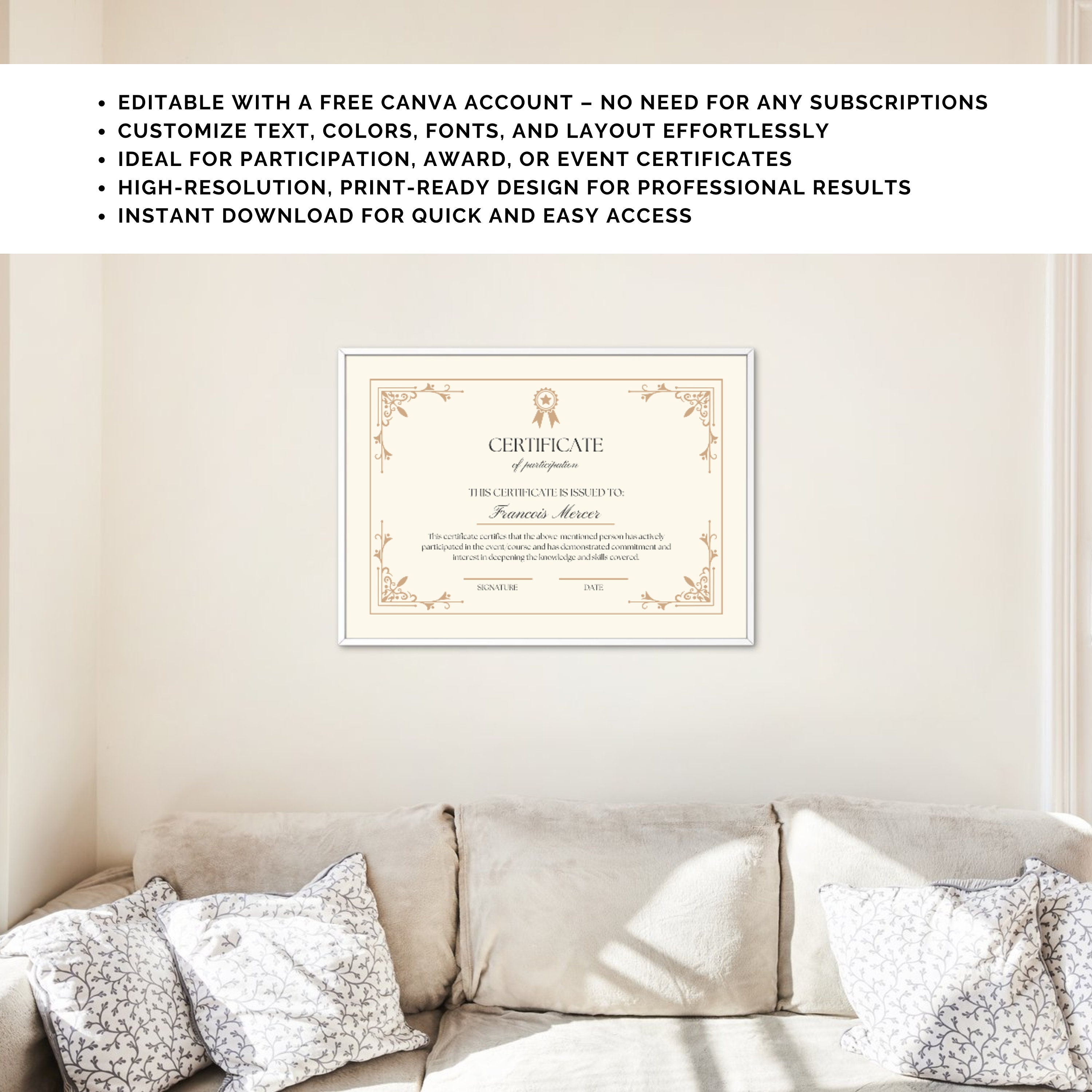Elegant Editable Certificate of Participation Canva Template ...