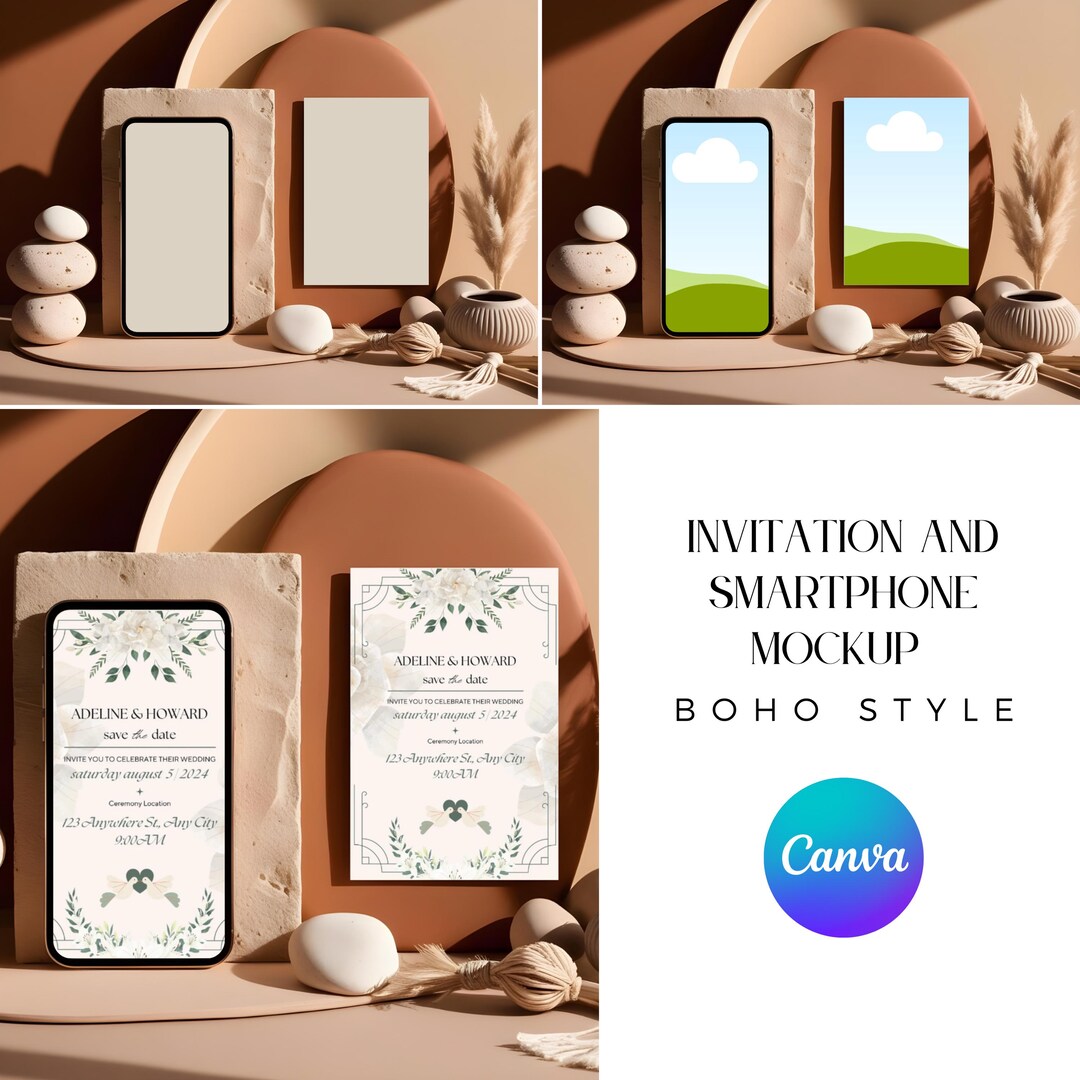 Invitation and Smartphone Mockup, Boho Smartphone Mockup, Boho ...