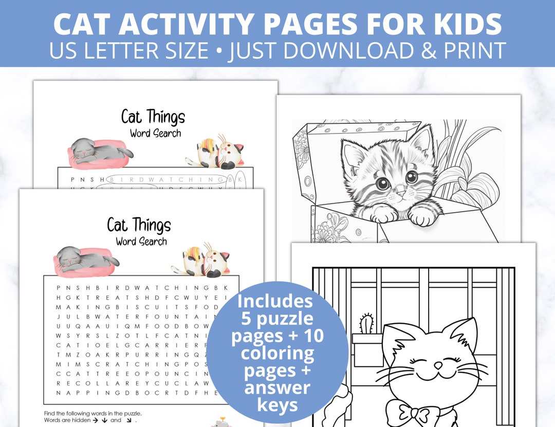 Cat Activity Pages for Kids Printable 10 Coloring Pages 5 Puzzles - Etsy