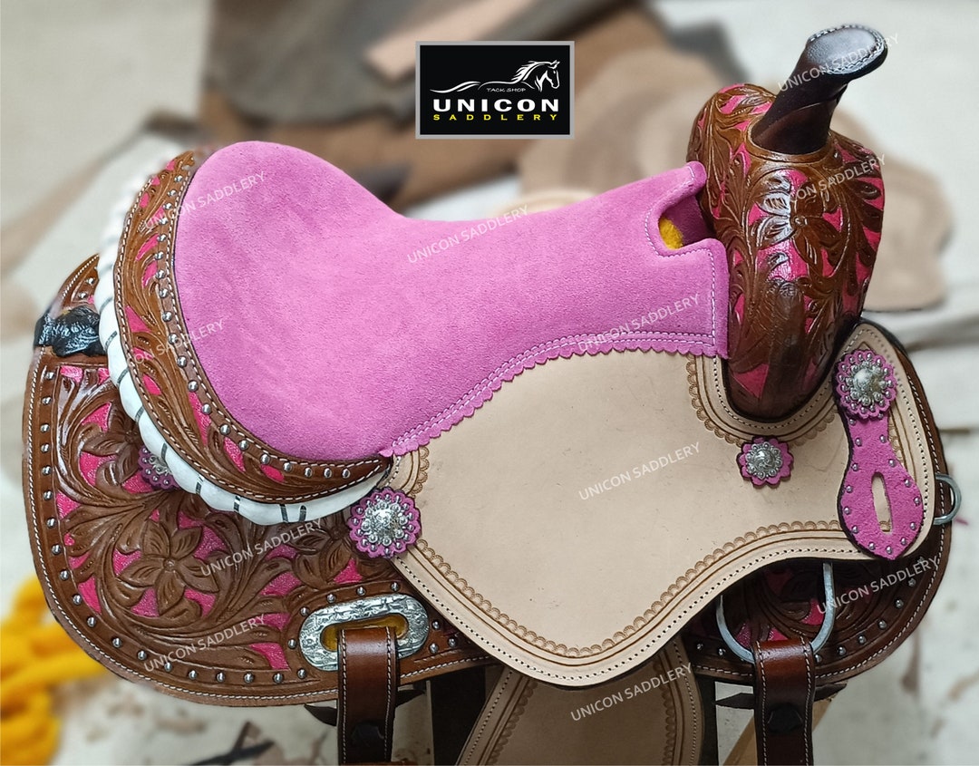Western Barrel Leather Horse Saddle Pink Suede Seat Aluminum Stirrups ...
