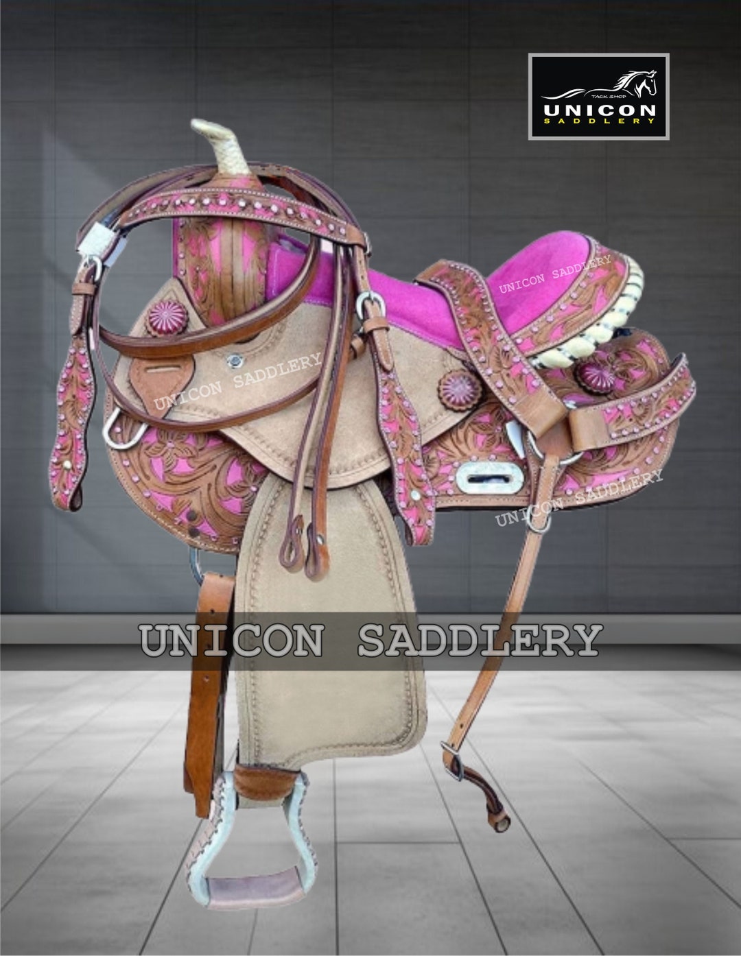 Western Barrel Leather Saddle Pink Color Suede Seat Aluminum Stirrups ...