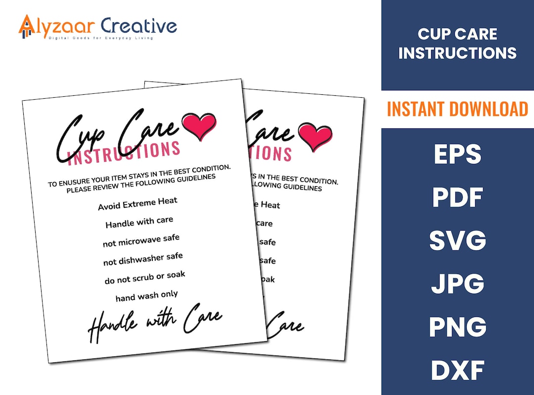 Cup Care Card Template | Printable Tumbler Care Instructions Card ...