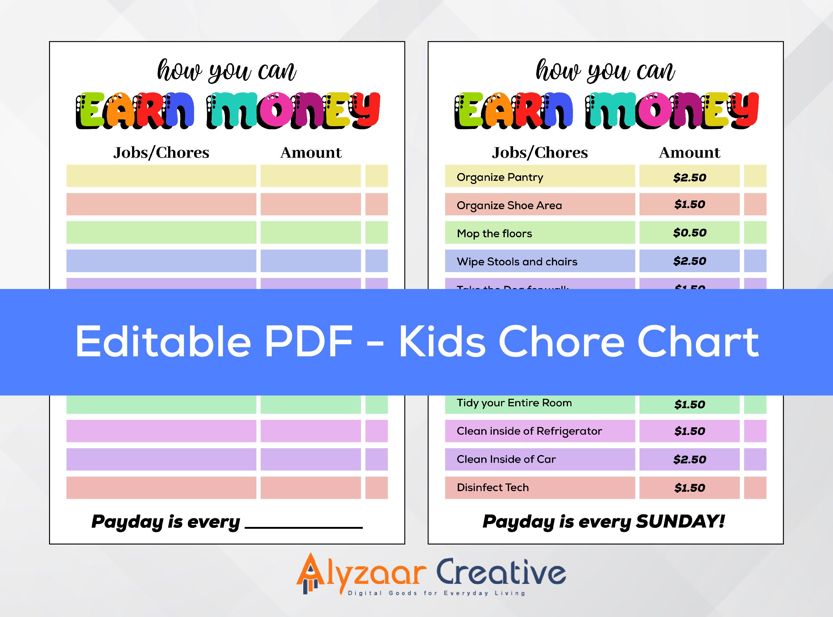 How to Earn Money Chore Chart | Editable Allowance Chart | Chore Chart ...