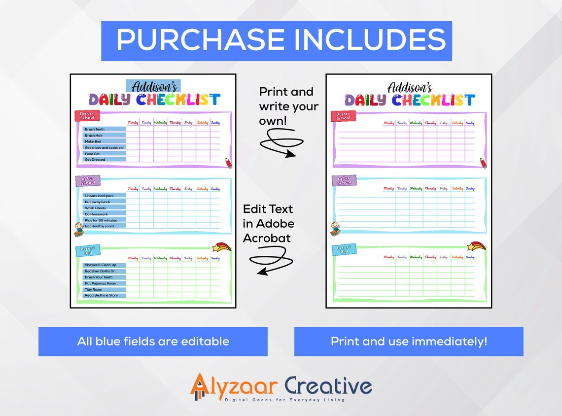 Printable Editable Daily Checklist for Kids Before School After School ...