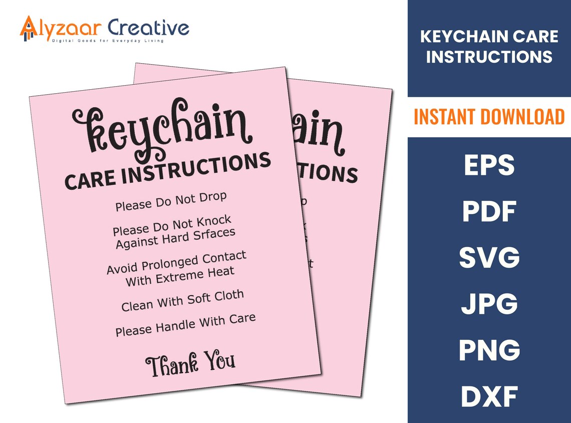 READY TO PRINT Key Chain Care Instructions Card Printable | Small ...