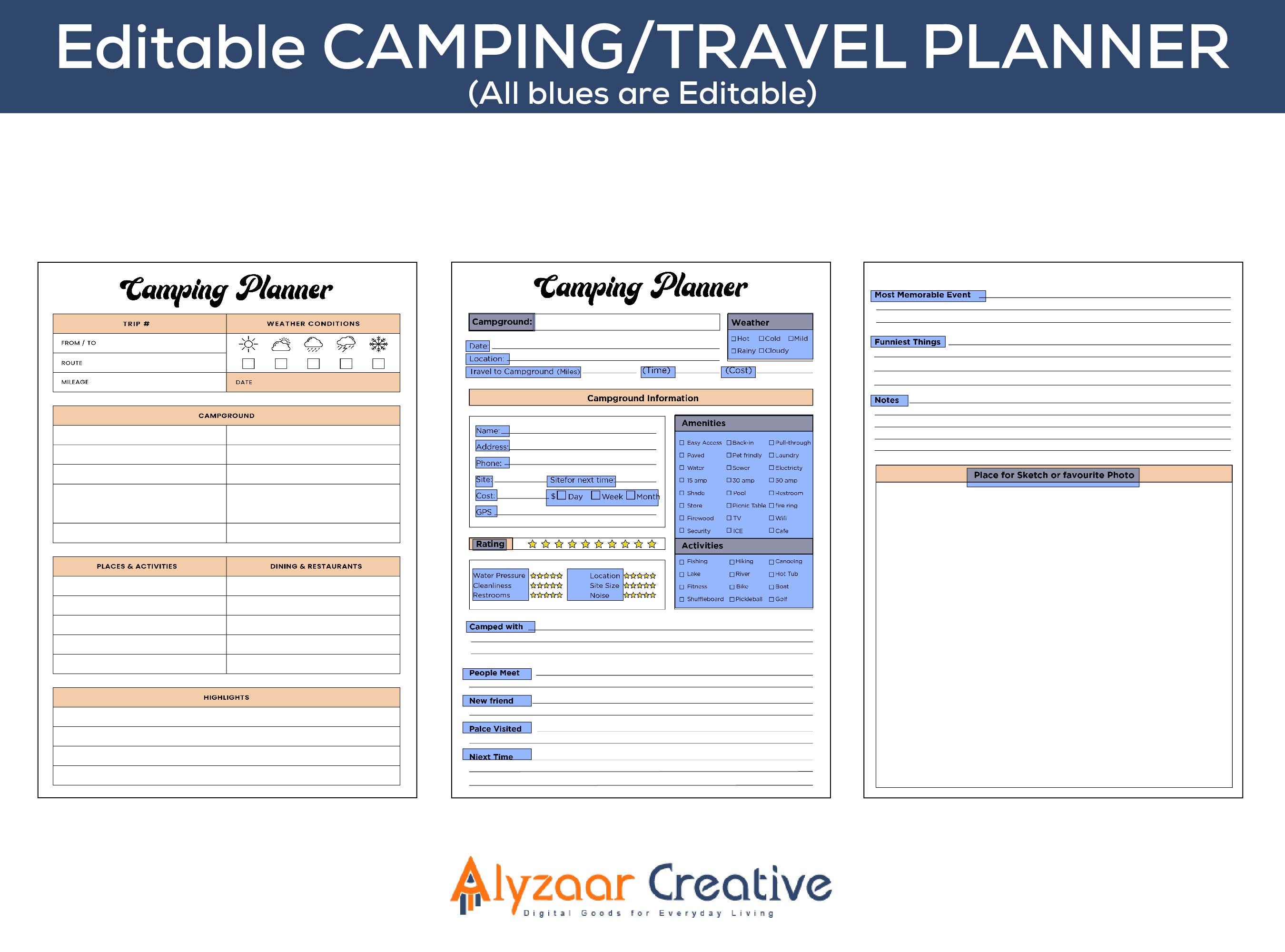3 Page Editable Camping Planner Printable Vacation Planner Bundle ...