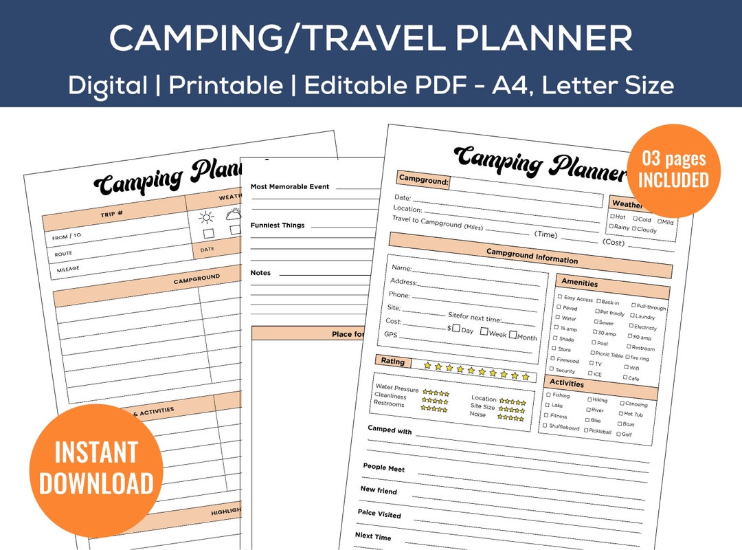 3 Page Editable Camping Planner Printable Vacation Planner Bundle ...