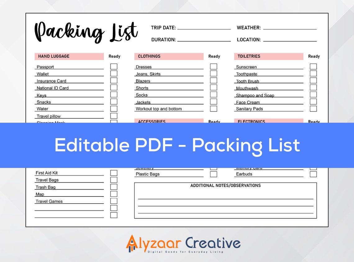 Editable Packing List Printable Travel Checklist Packing List Printable ...