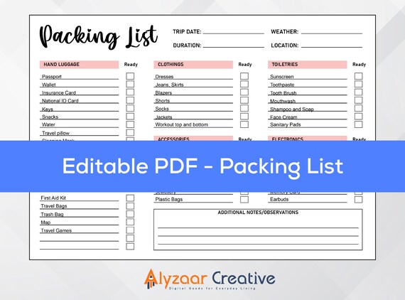 Editable Packing List Printable Travel Checklist Packing - Etsy