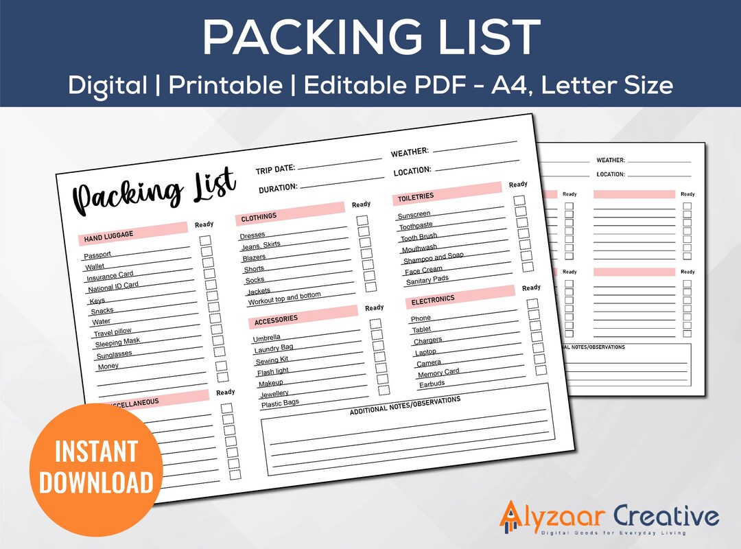Editable Packing List Printable Travel Checklist Packing List Printable ...