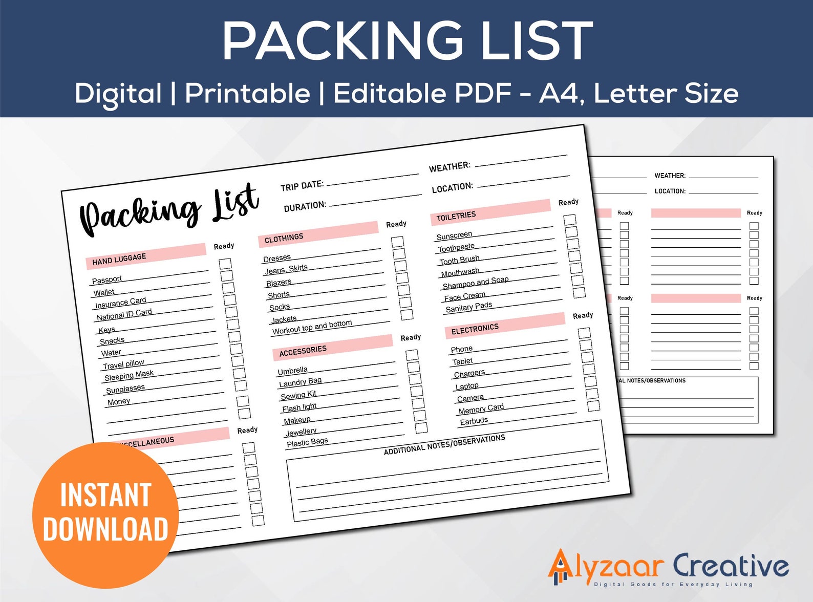 Editable Packing List Printable Travel Checklist Packing List Printable ...
