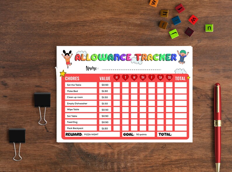 Allowance Tracker for Kids Printable Weekly Allowance Chore Chart ...