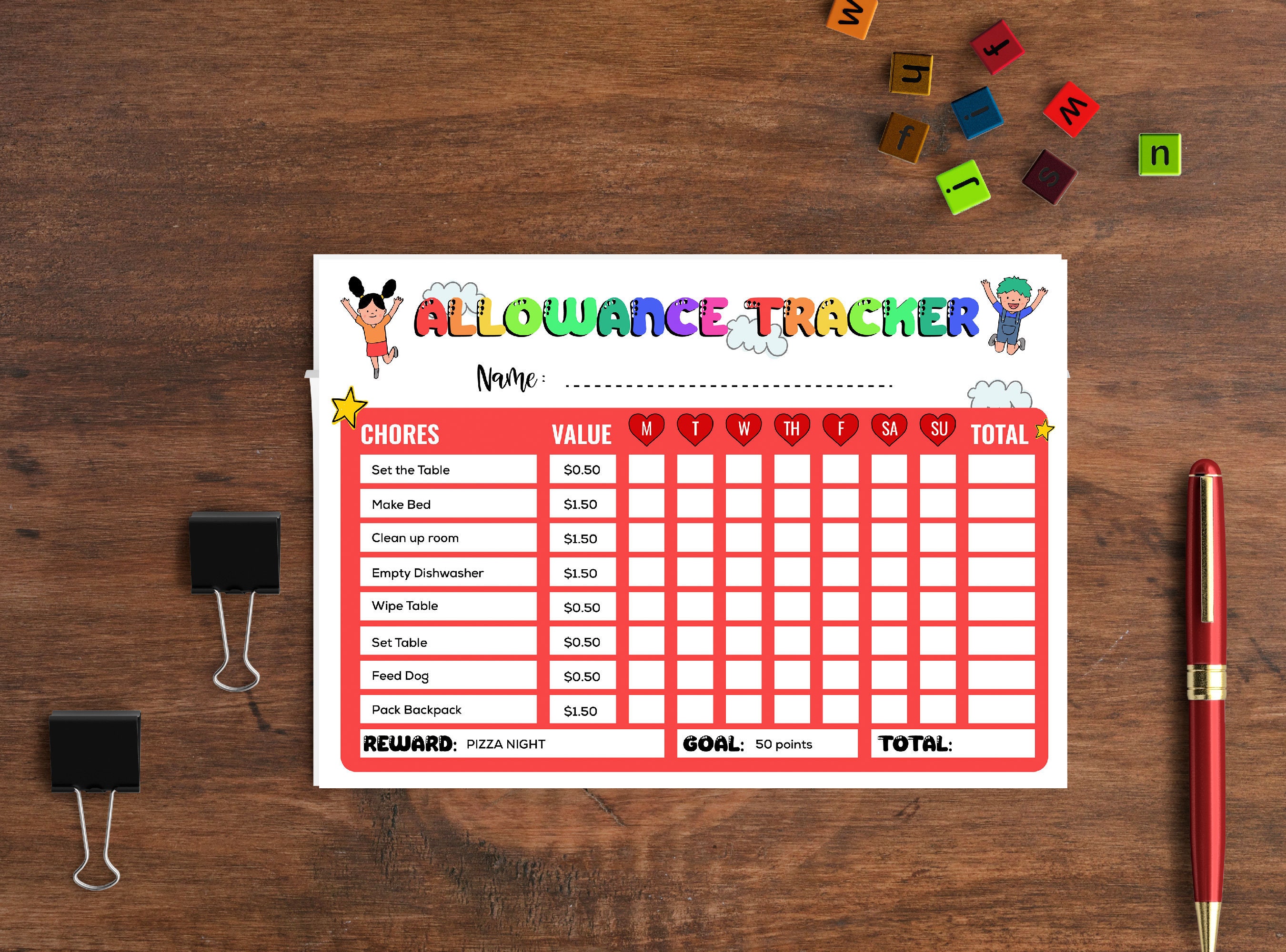 Allowance Tracker for Kids Printable Weekly Allowance Chore Chart ...