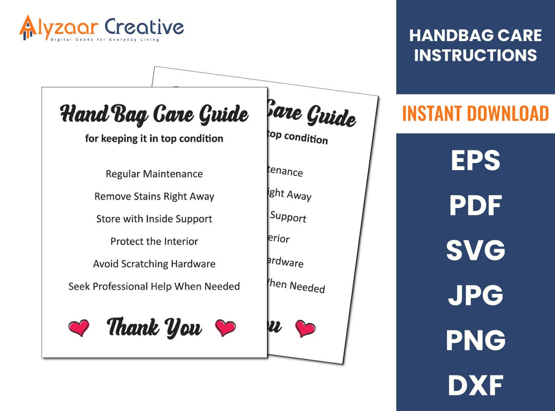 Printable Handbag Care Guide Instruction Template | Fashion Care Card ...