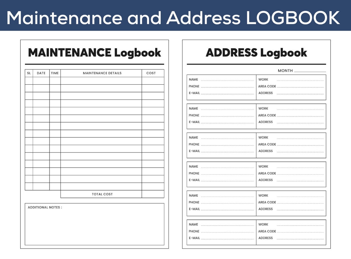 Printable Detailed Address Book Vehicle Maintenance Log Contact List ...