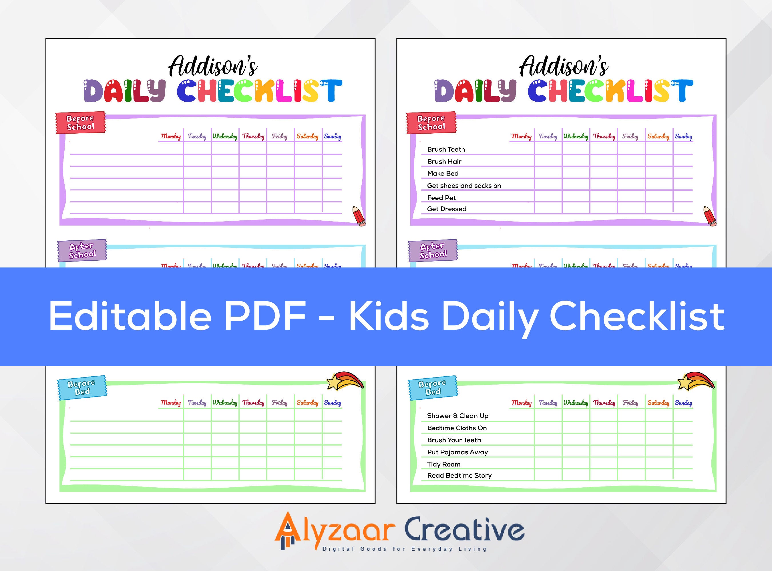 Printable Editable Daily Checklist for Kids Before School After School ...