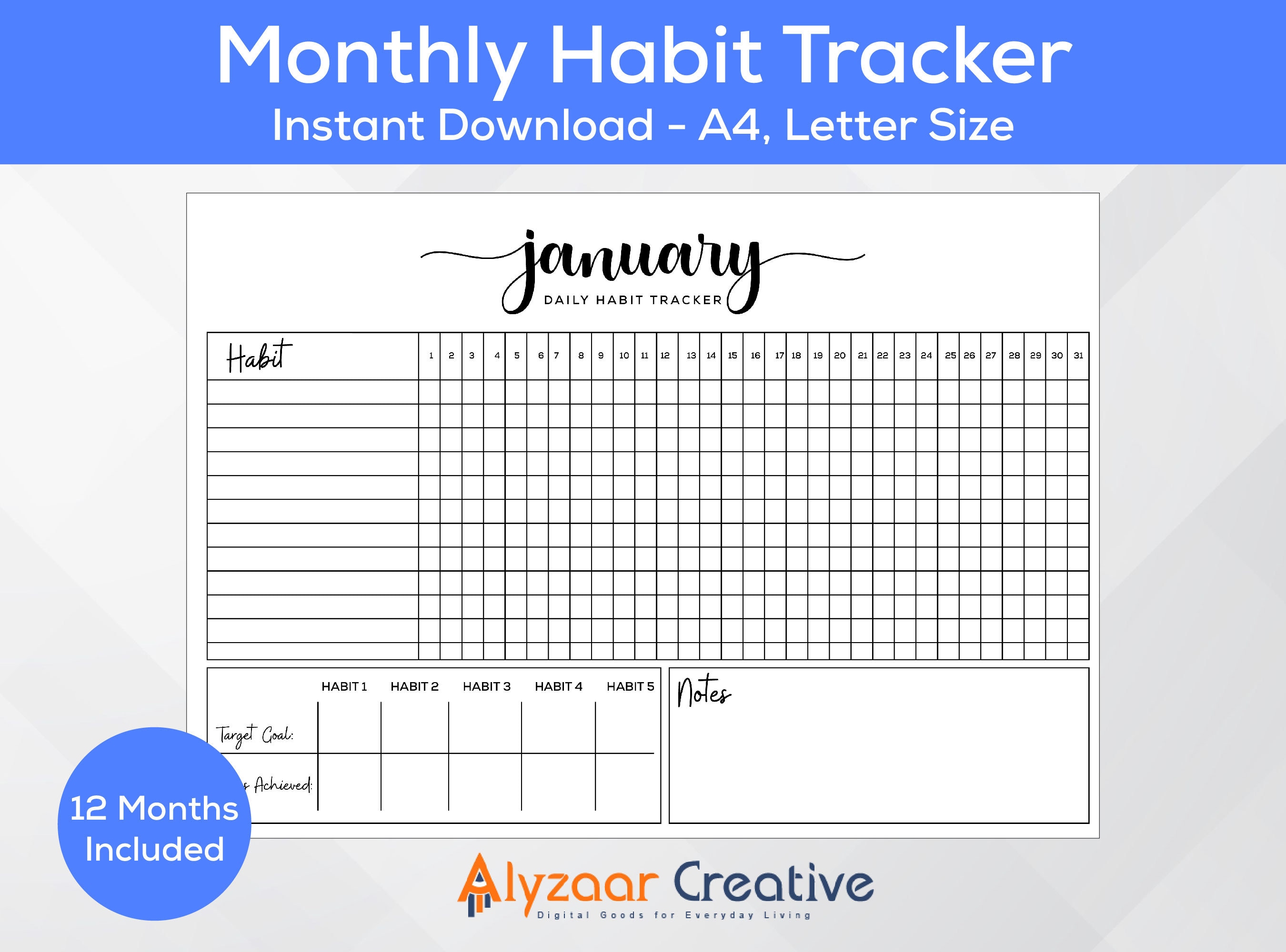 Monthly Habit Tracker Printable Landscape Habit Tracker - Etsy