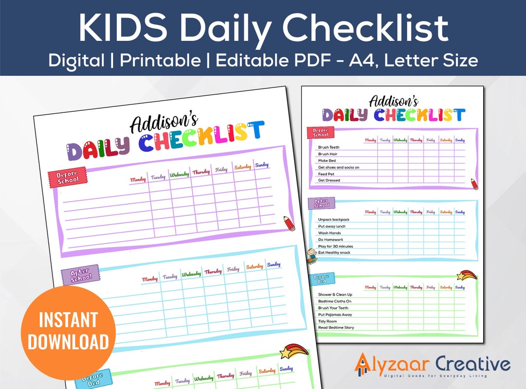 Printable Editable Daily Checklist for Kids Before School After School ...