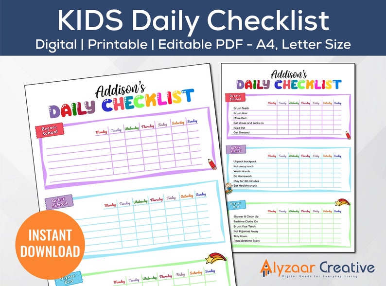 Printable Editable Daily Checklist for Kids Before School After School ...