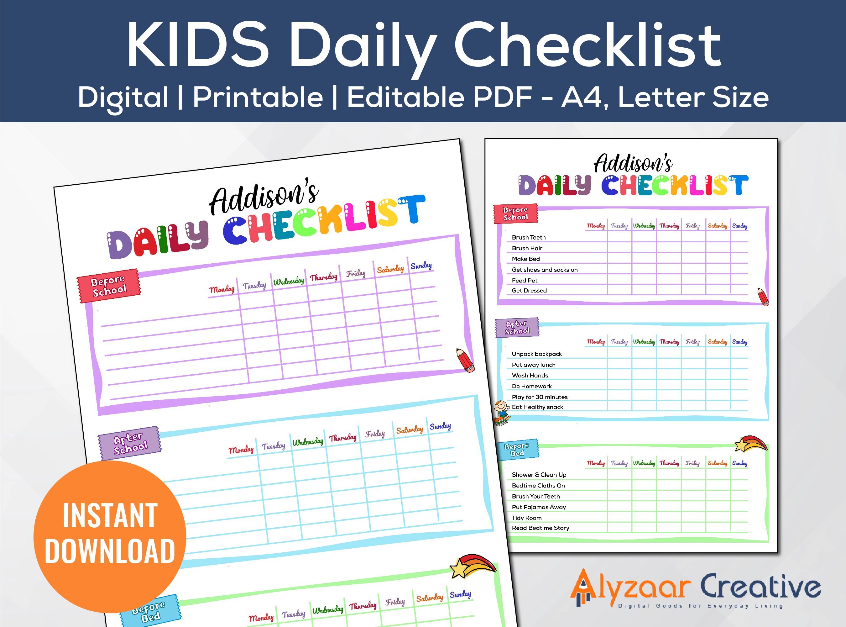 Printable Editable Daily Checklist for Kids Before School After School ...