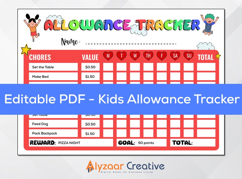 Allowance Tracker for Kids Printable Weekly Allowance Chore Chart ...