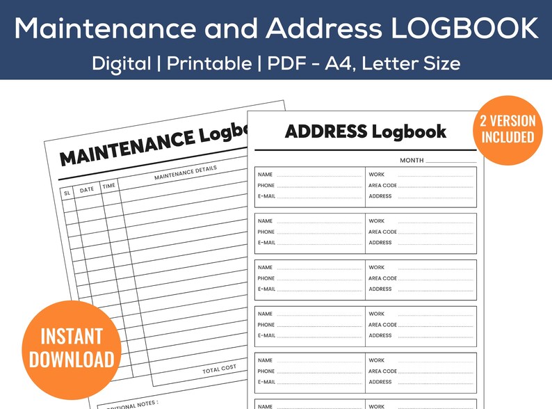 Printable Detailed Address Book Vehicle Maintenance Log Contact List ...