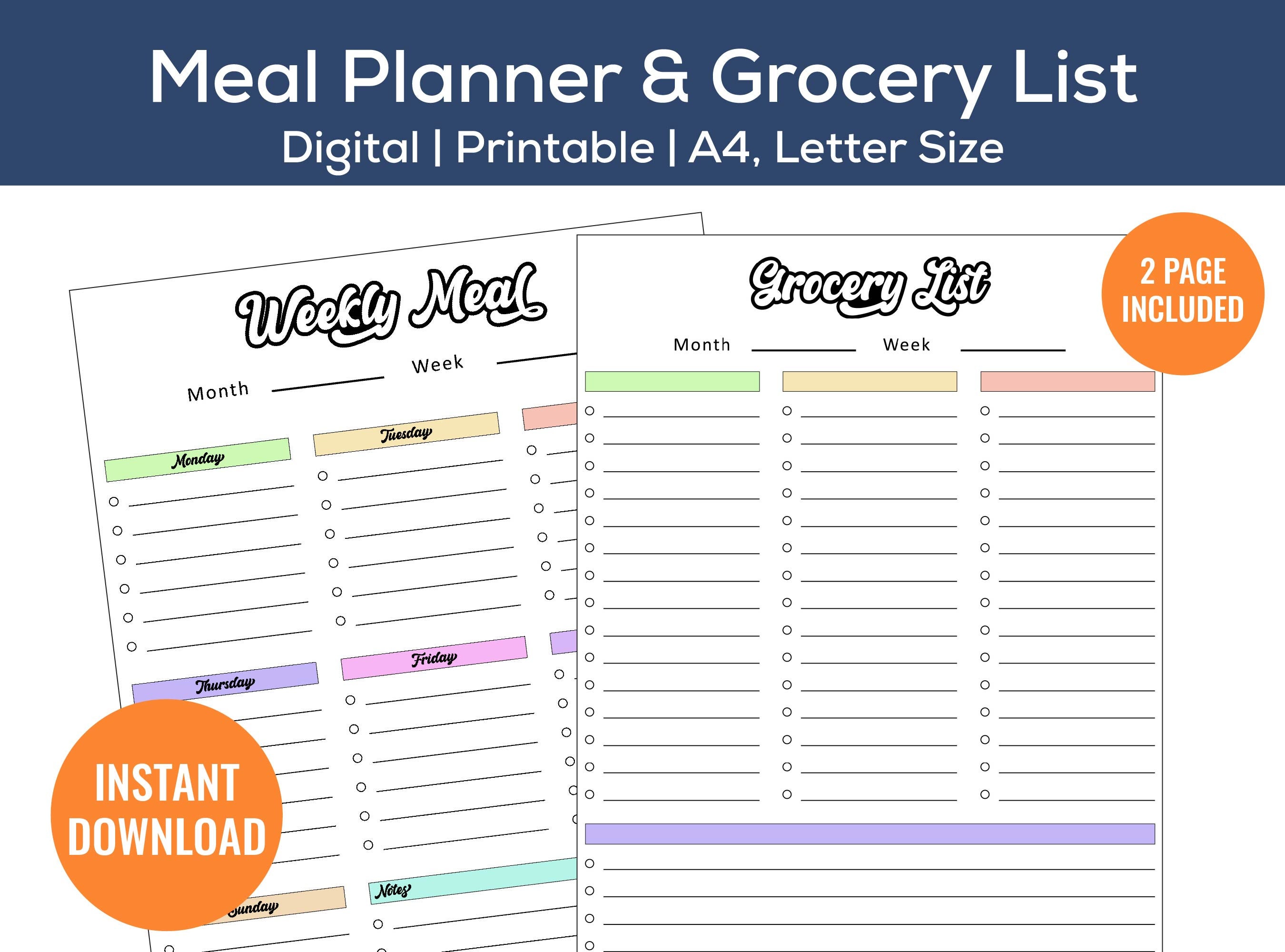 INSTANT DOWNLOAD Printable Menu Download and Weekly Menu Planner ...