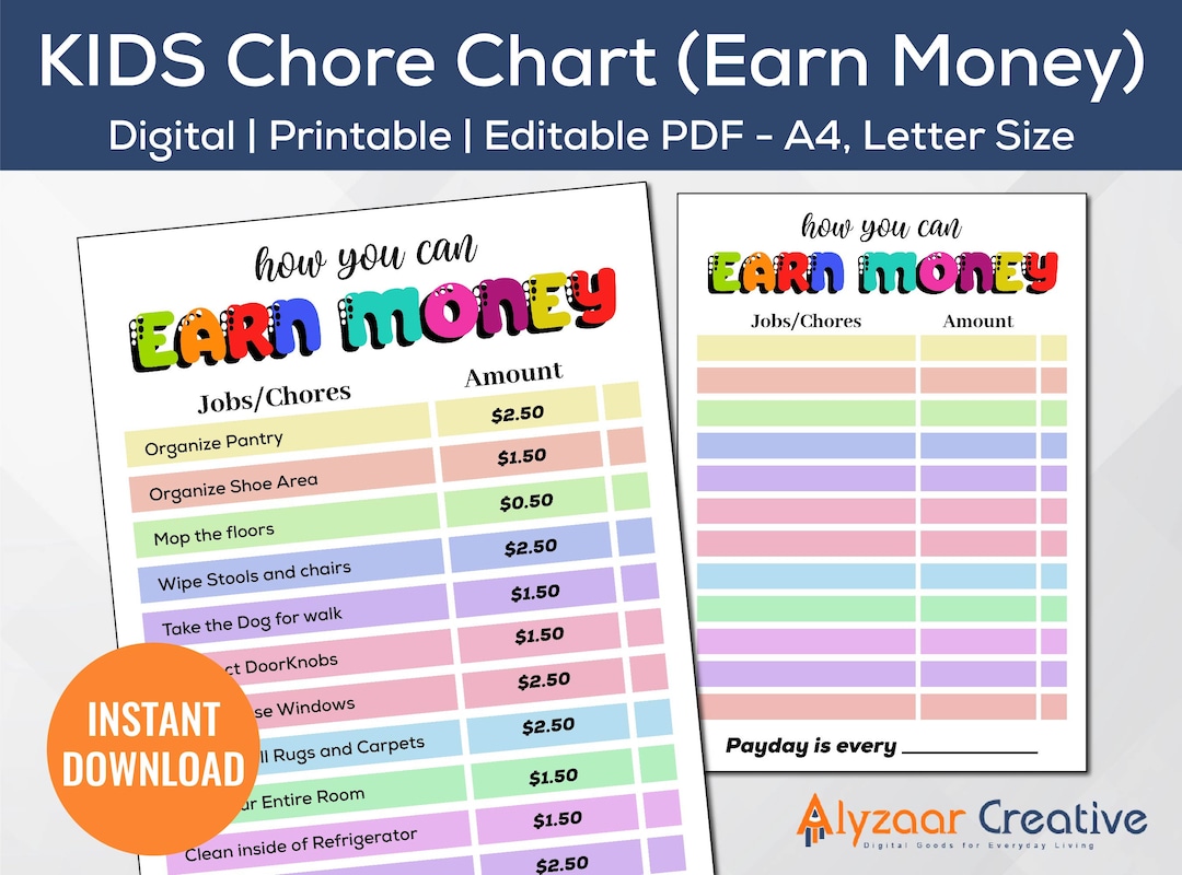 How to Earn Money Chore Chart | Editable Allowance Chart | Chore Chart ...